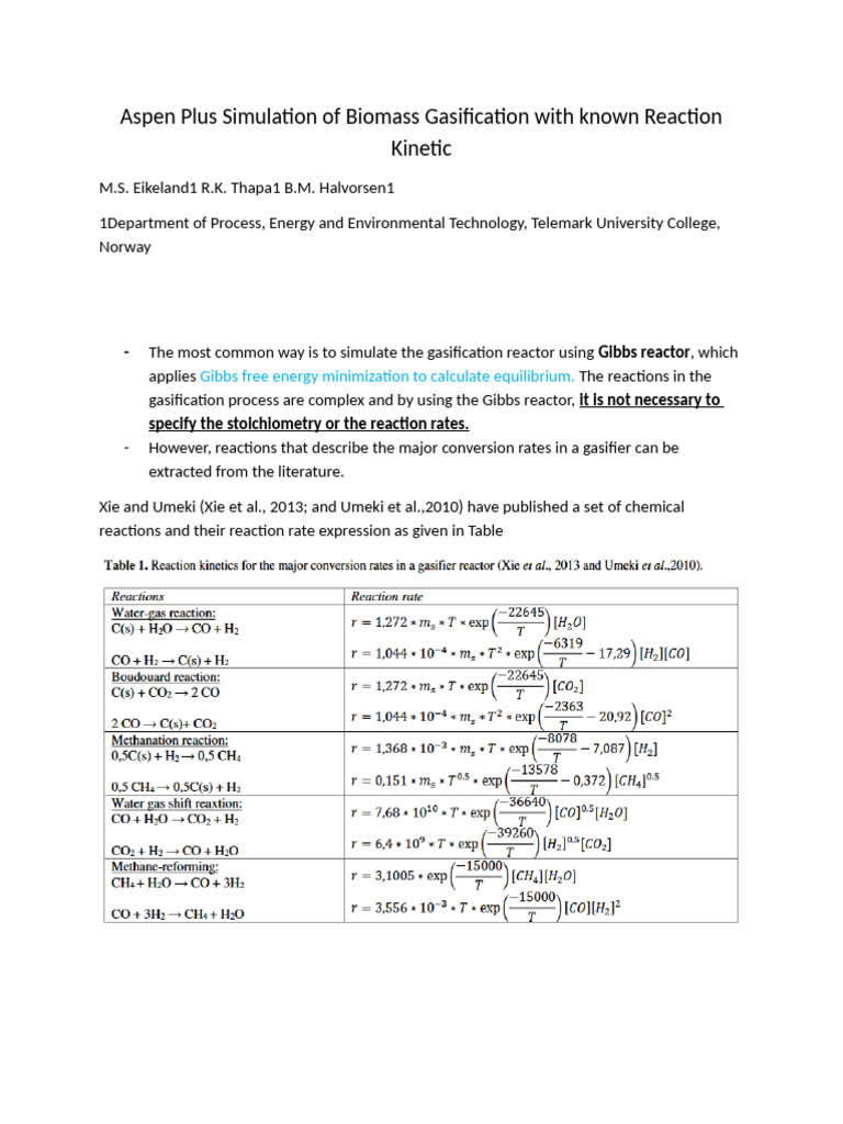 Biomass Gasification Simulation in Aspen Plus | PDF | Reaction Rate ...