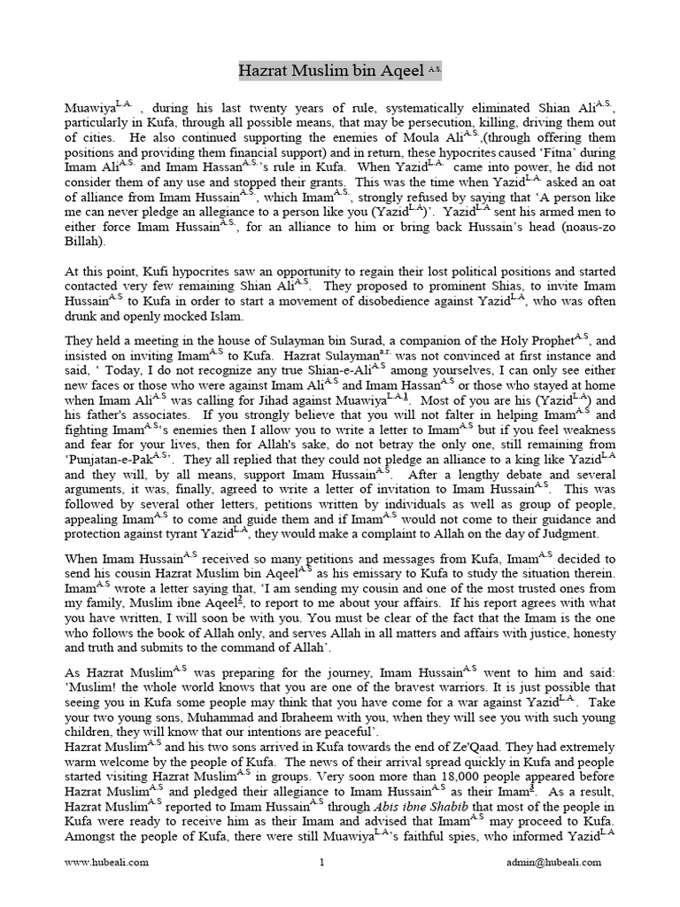 Hazrat Muslim bin Aqeel's Mission to Kufa | PDF | Husayn Ibn Ali | Shia ...