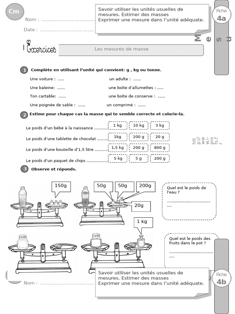 Cm1 Exercices Masses Estimer | PDF | Quantité | Masse