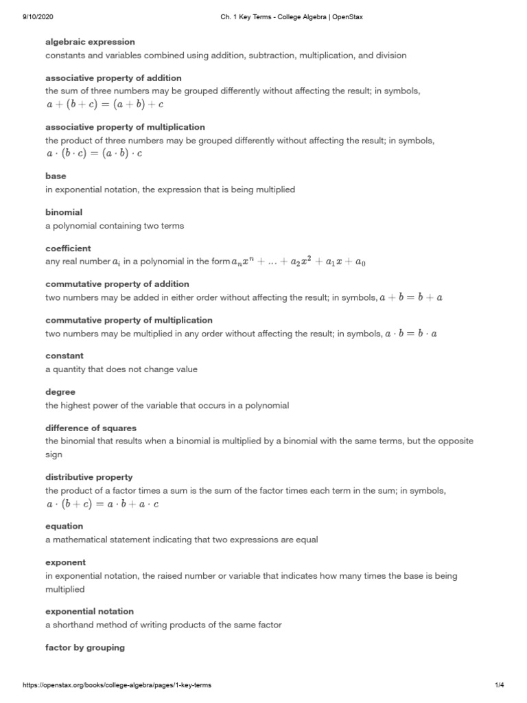 Ch. 1 Key Terms - College Algebra - OpenStax | PDF | Multiplication ...