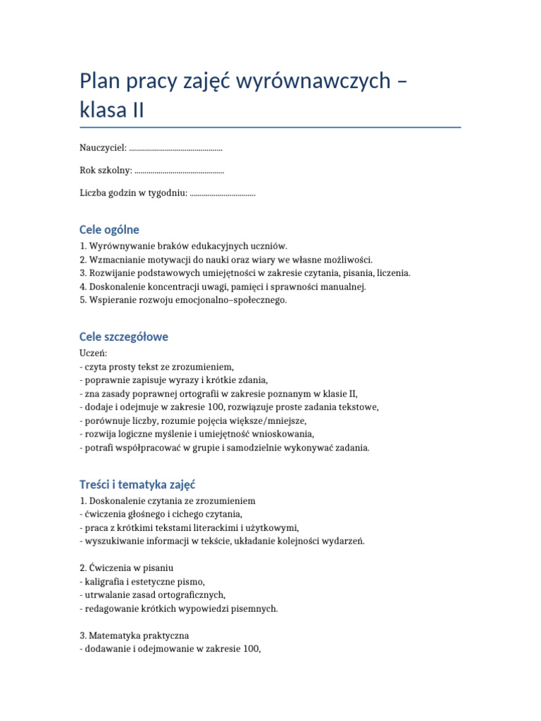 Plan Zajec Wyrownawczych Klasa2 | PDF