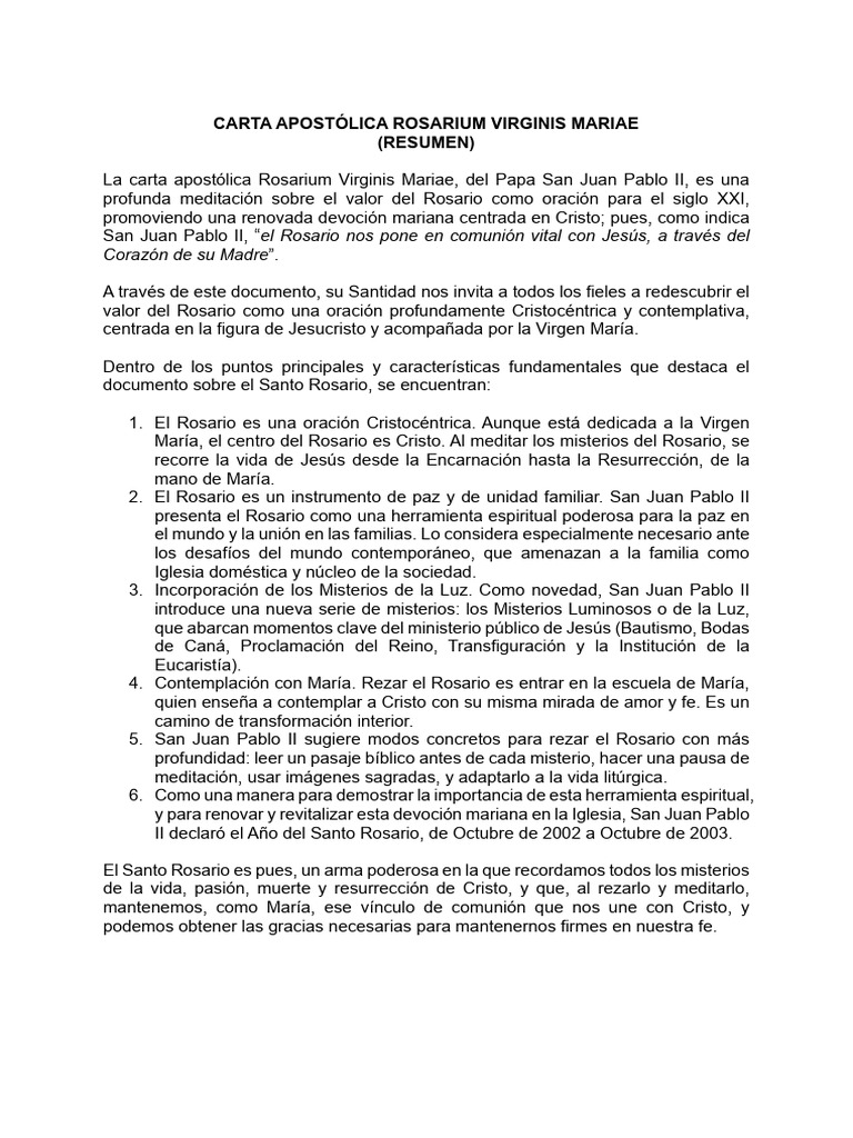 Resumen Carta Apostólica Rosarium Virginis Mariae | PDF | Rosario ...