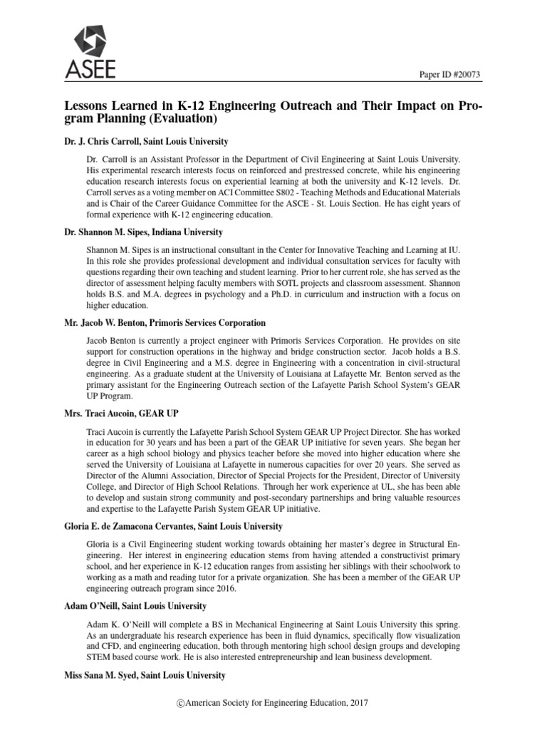 Lessons Learned in K 12 Engineering Outreach and Their Impact On Program Planning Evaluation ...