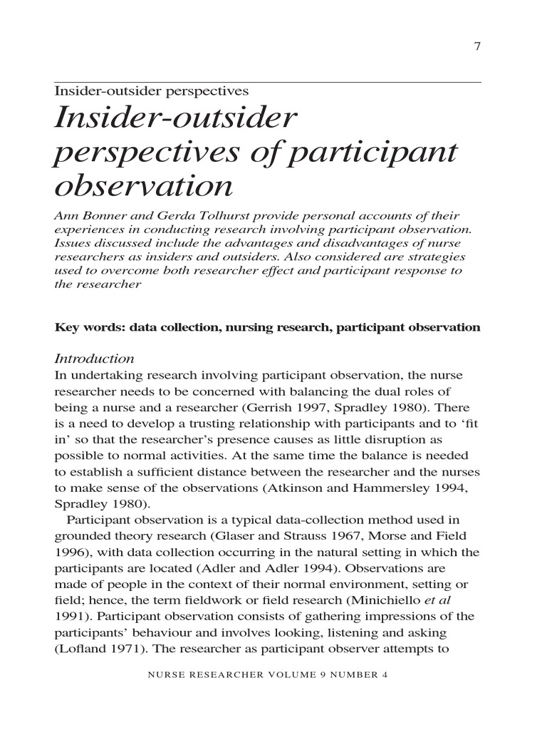 Insider vs Outsider in Nursing Research | PDF | Qualitative Research ...