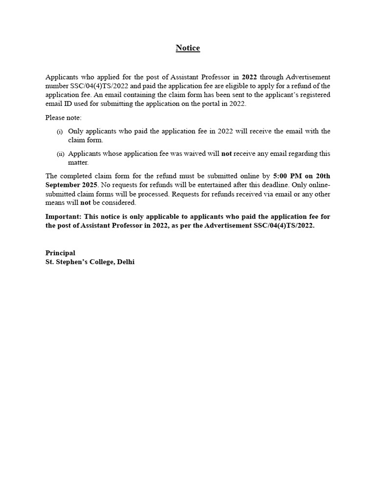 Assistant Professor Fee Refund Notice | PDF