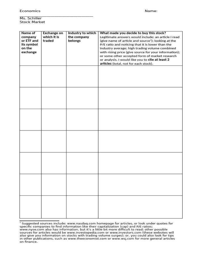 Portfolio Worksheet For Stock Market Game | PDF