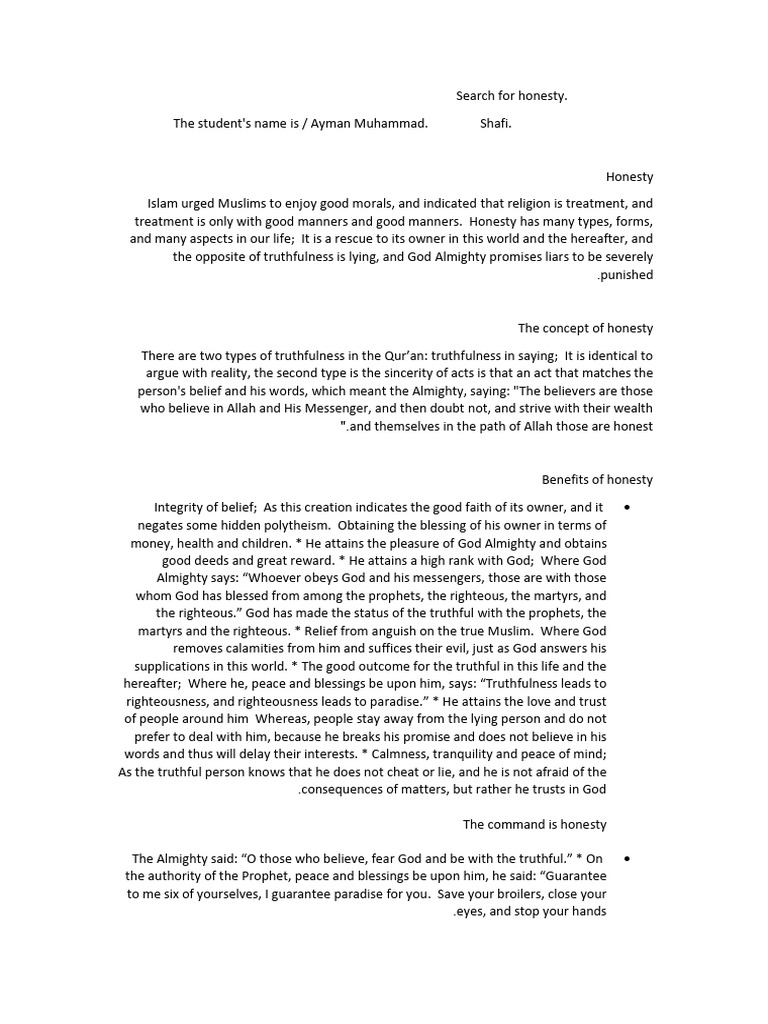 Importance of Honesty in Islam | PDF | Prophets And Messengers In Islam ...