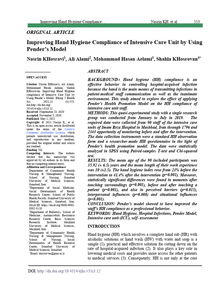 Improving Hand Hygiene Compliance of Intensive Car | PDF | Nursing ...