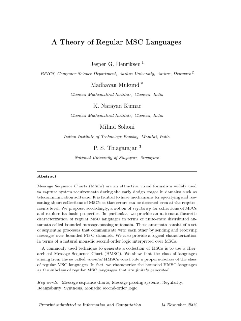 A Theory of Regular MSC Languages: Jesper G. Henriksen | PDF | String (Computer Science ...