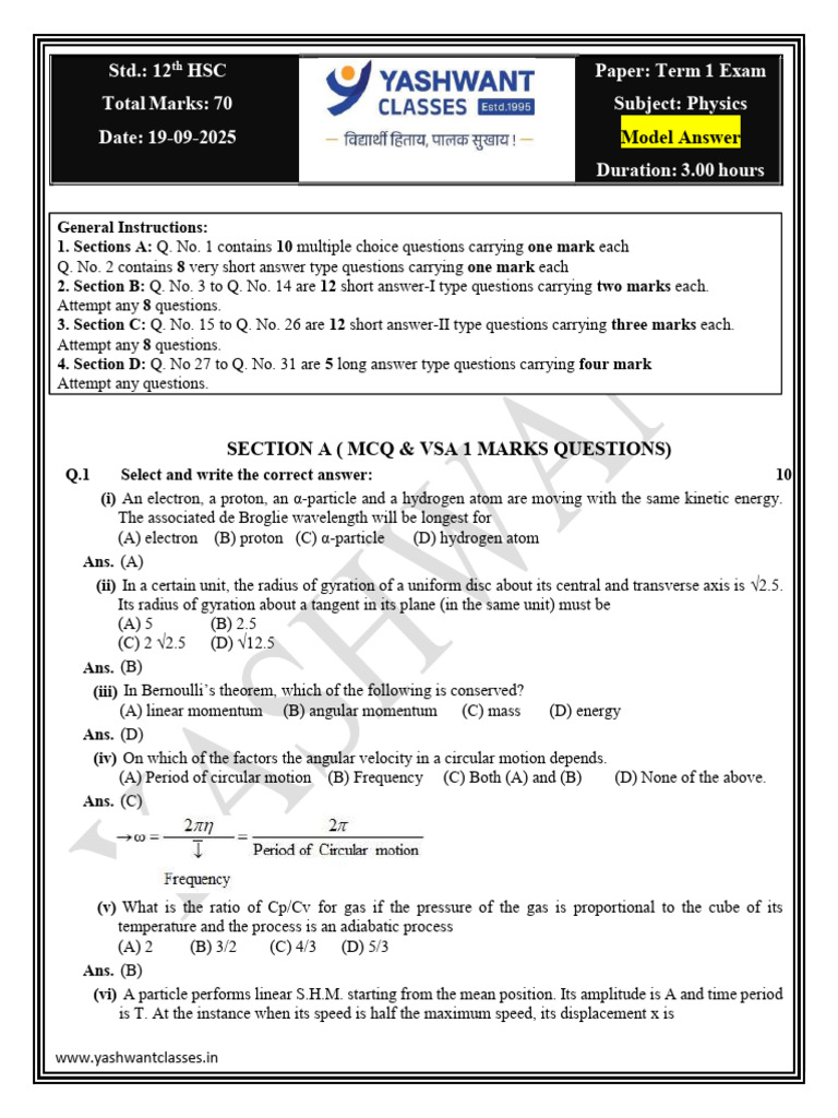12th HSC Physics MA Half Yearly 19th Sep | PDF | Waves | Classical ...
