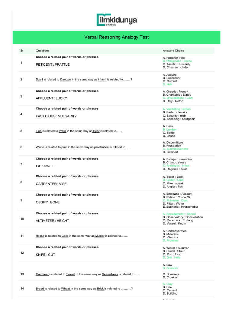 Verbal Reasoning Analogy Practice | PDF