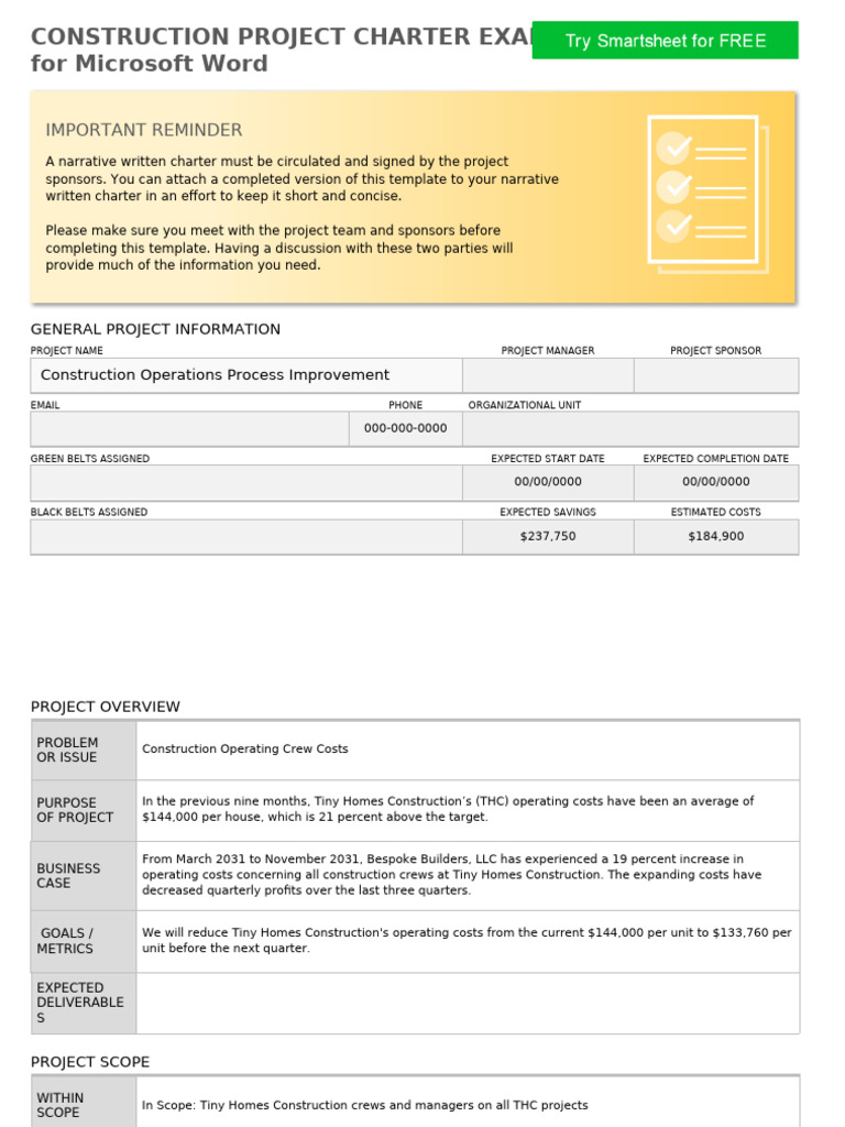 IC Construction Project Charter Template Example for Microsoft Word ...