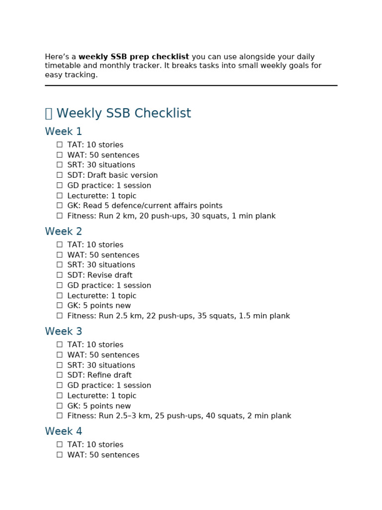 Weekly SSB Preparation Checklist | PDF