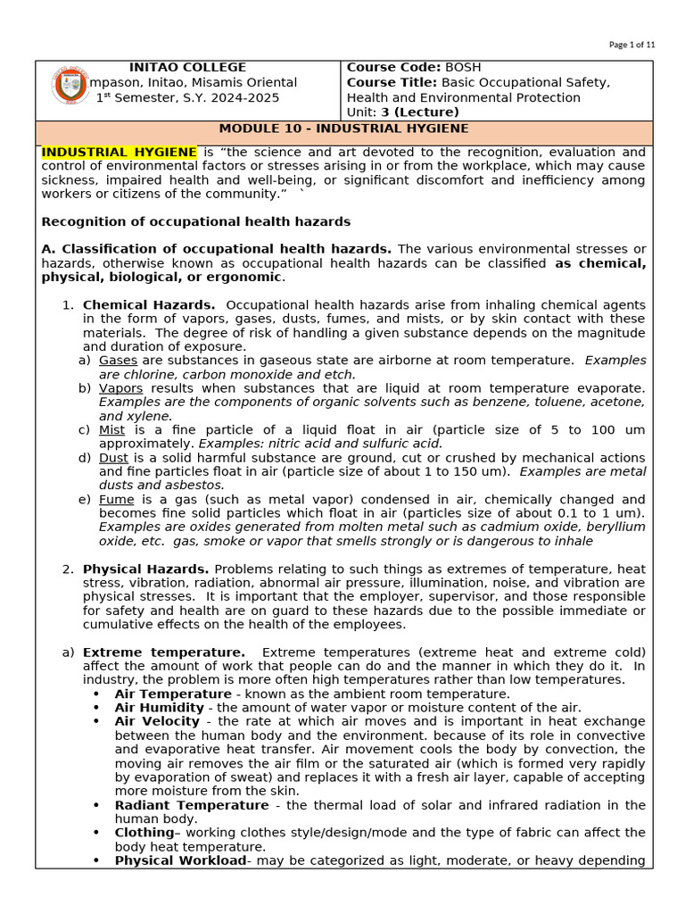 BOSH Module 10: Industrial Hygiene | PDF | Ventilation (Architecture ...
