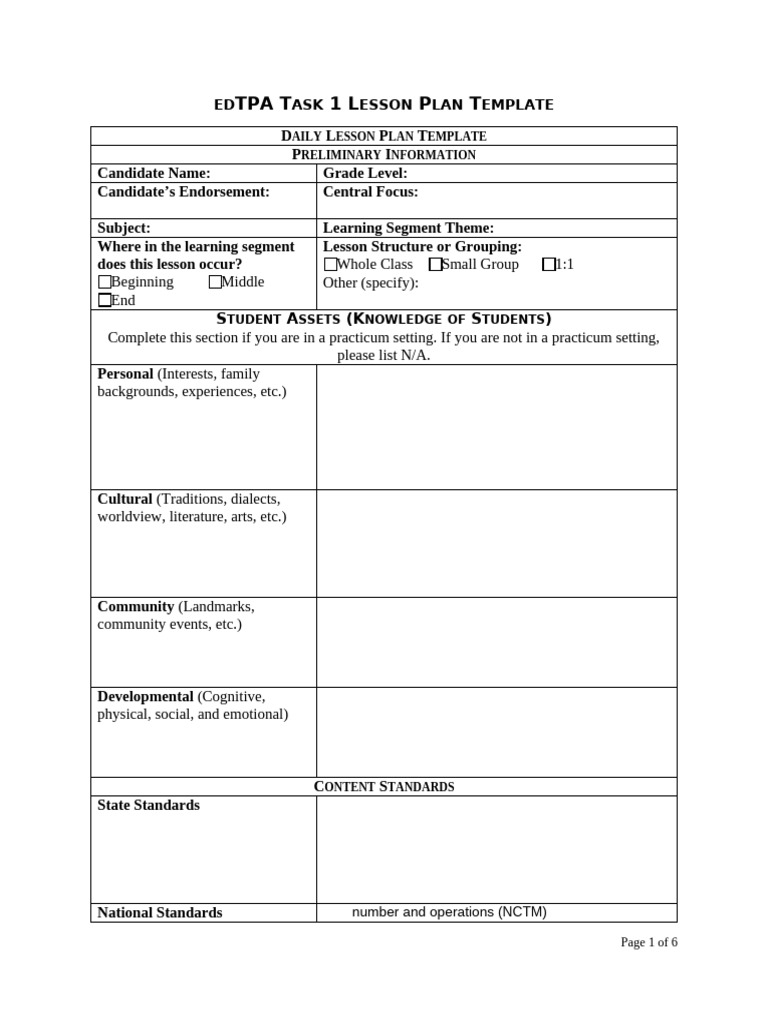 EDTPA Task 1 Lesson Plan Template | PDF | Educational Assessment | Learning