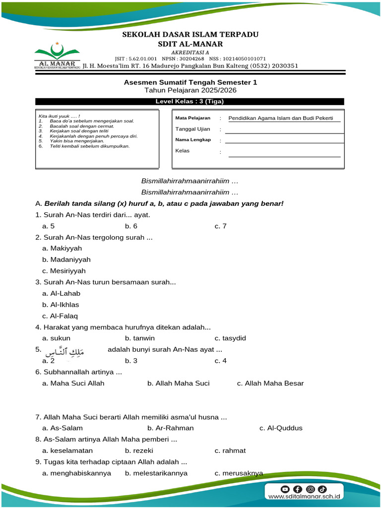 Soal Bahasa Arab Kls 1 ASTS | PDF