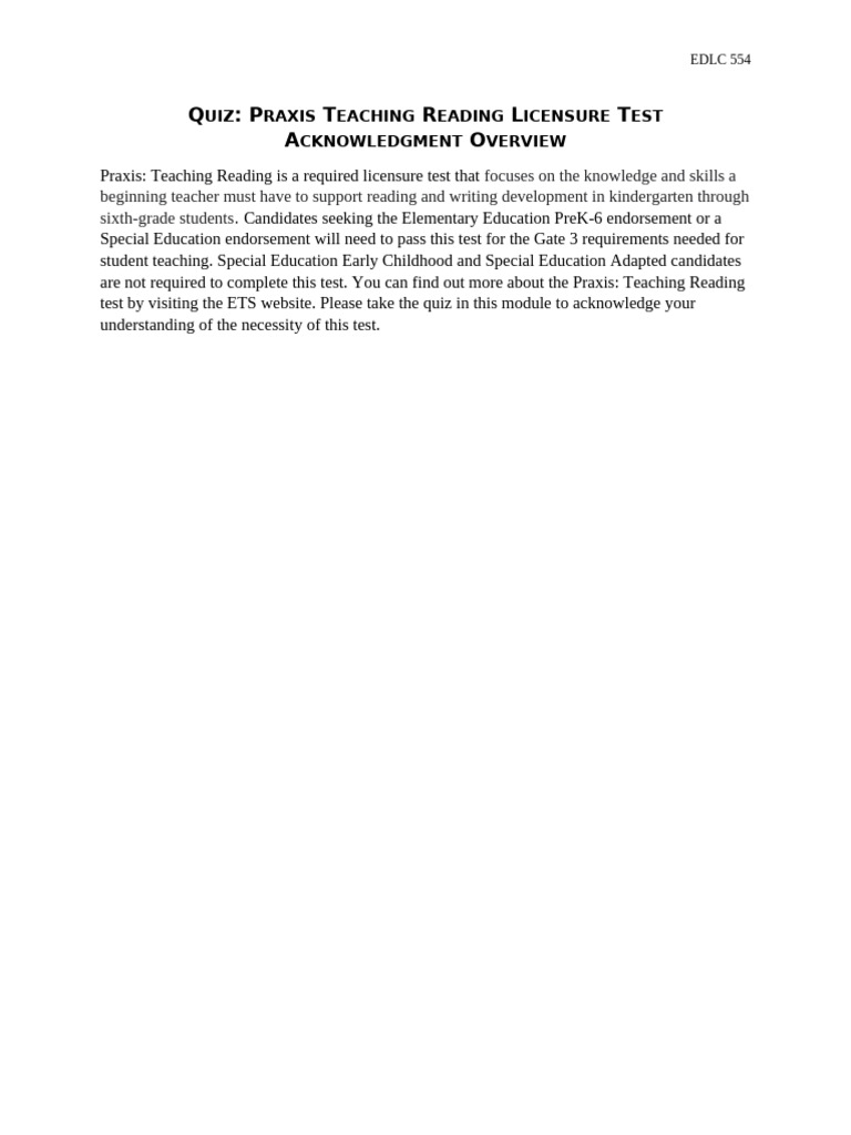 Quiz Praxis Teaching Reading Licensure Test Acknowledgment Overview | PDF