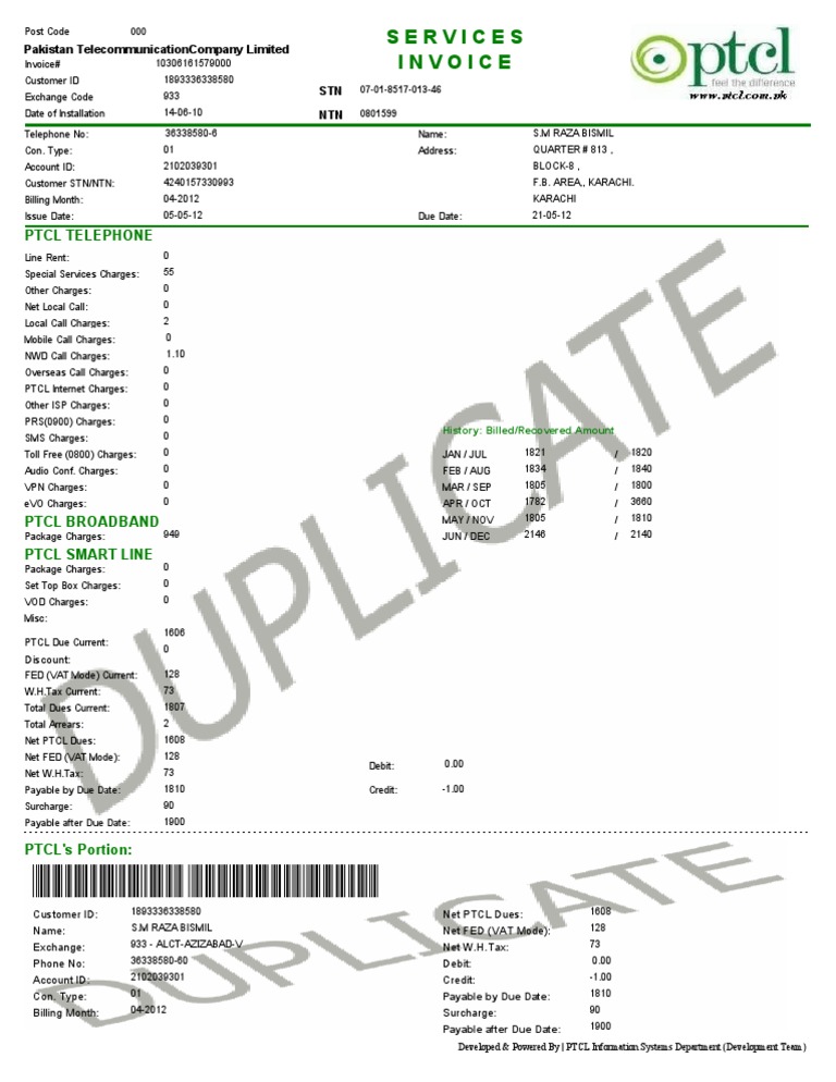 Services Invoice: PTCL Telephone | PDF