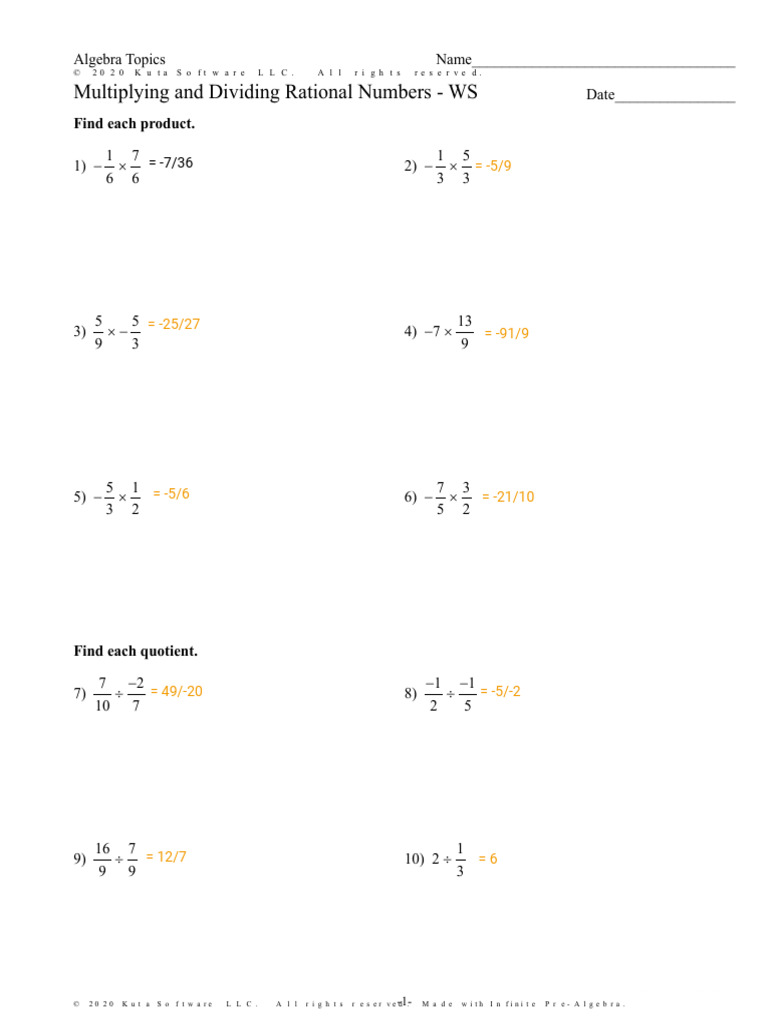 Multiplying and Dividing Rational Numbers - WS | PDF | Mathematics ...