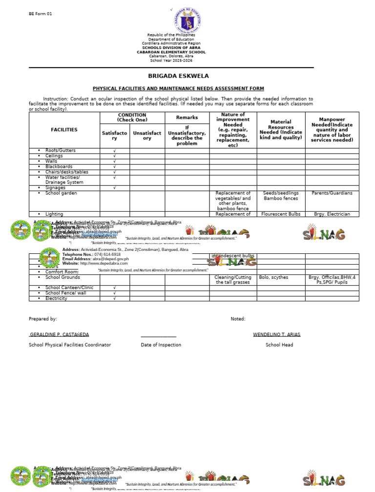 Be Form 1 Physical Facilities and Maintenance Needs Assessment Form (1 ...