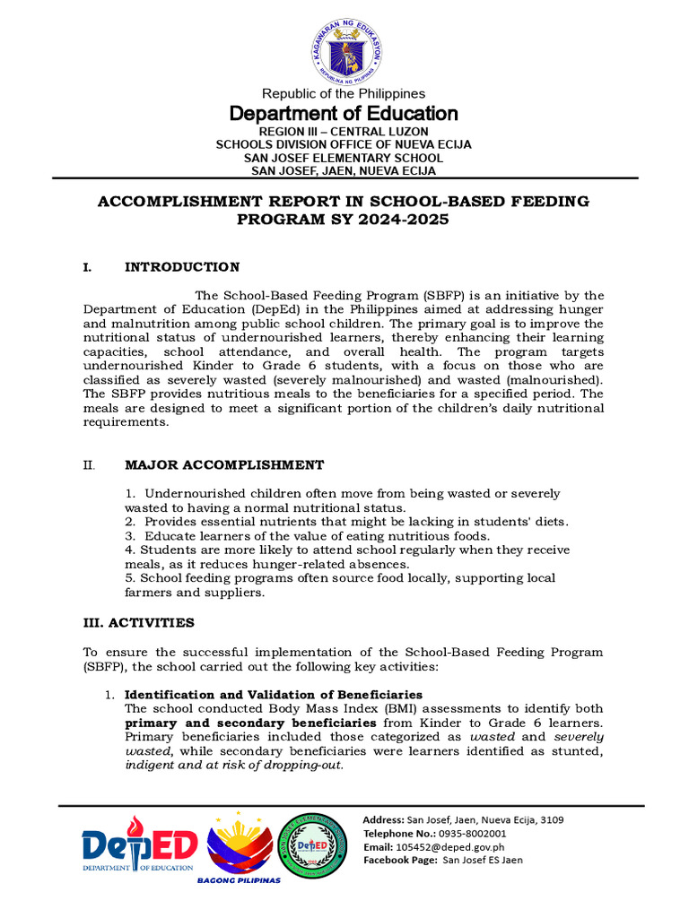 School-Based Feeding Program Report 2024 | PDF | Malnutrition | Nutrition