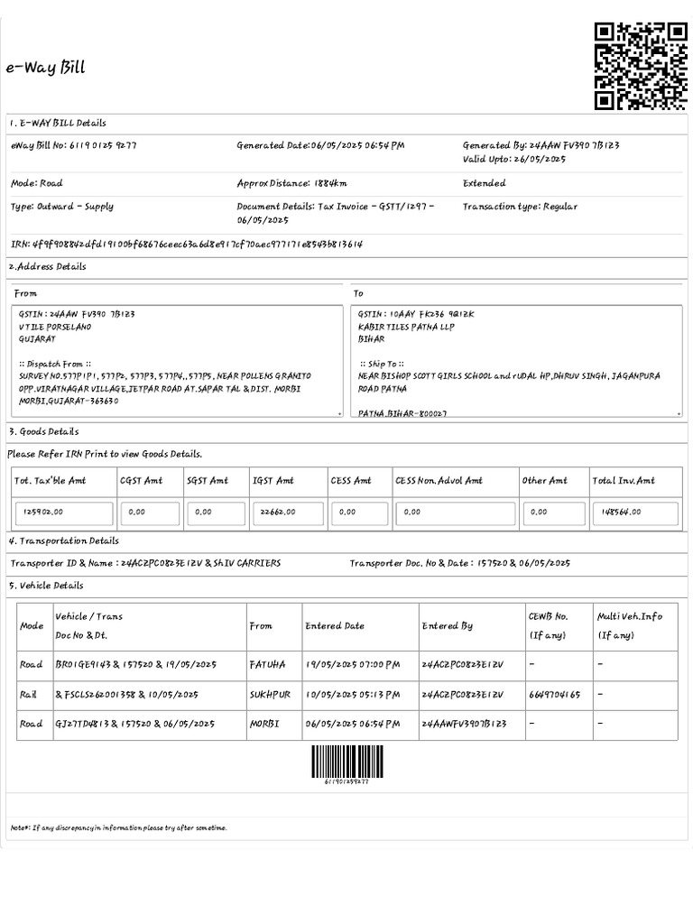 e-Way Bill Details and Transport Info | PDF
