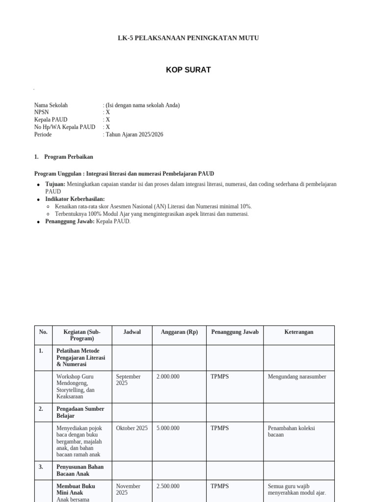 LK-5 - PAUD - Pelaksanaan Peningkatan Mutu PAUD | PDF