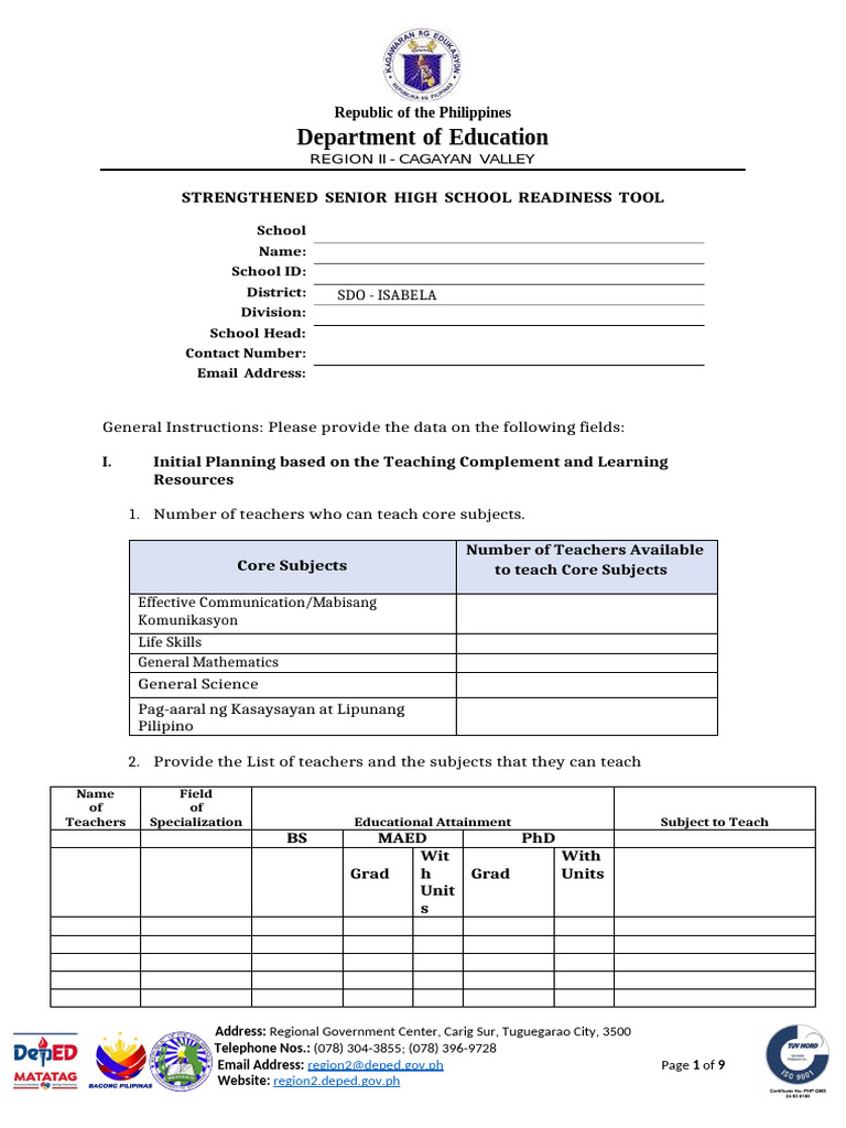 Senior High School Readiness Tool | PDF