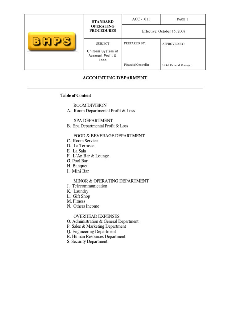 SOP Uniform System of Account Profit & Loss | PDF | Employee Benefits ...
