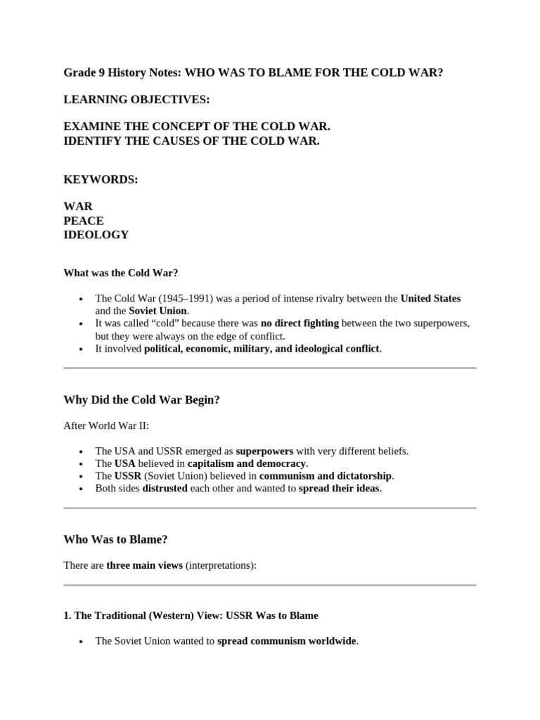 YEAR 9 History STUDENTS NOTES WHO IS TO BLAME FOR THE COLD WAR. | PDF ...