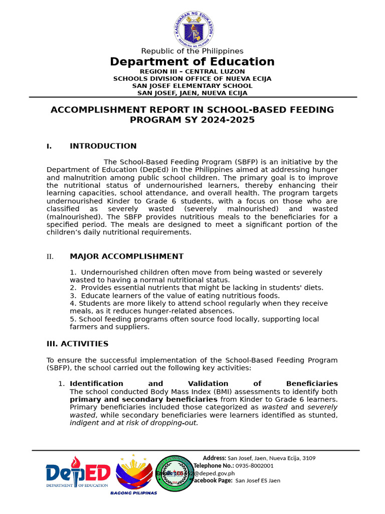 Accomplishment Report in Feeding 2024-2025 | PDF | Malnutrition | Nutrition
