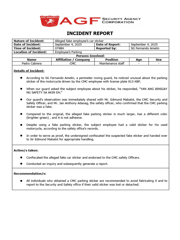 Incident Report: Fake Parking Sticker | PDF