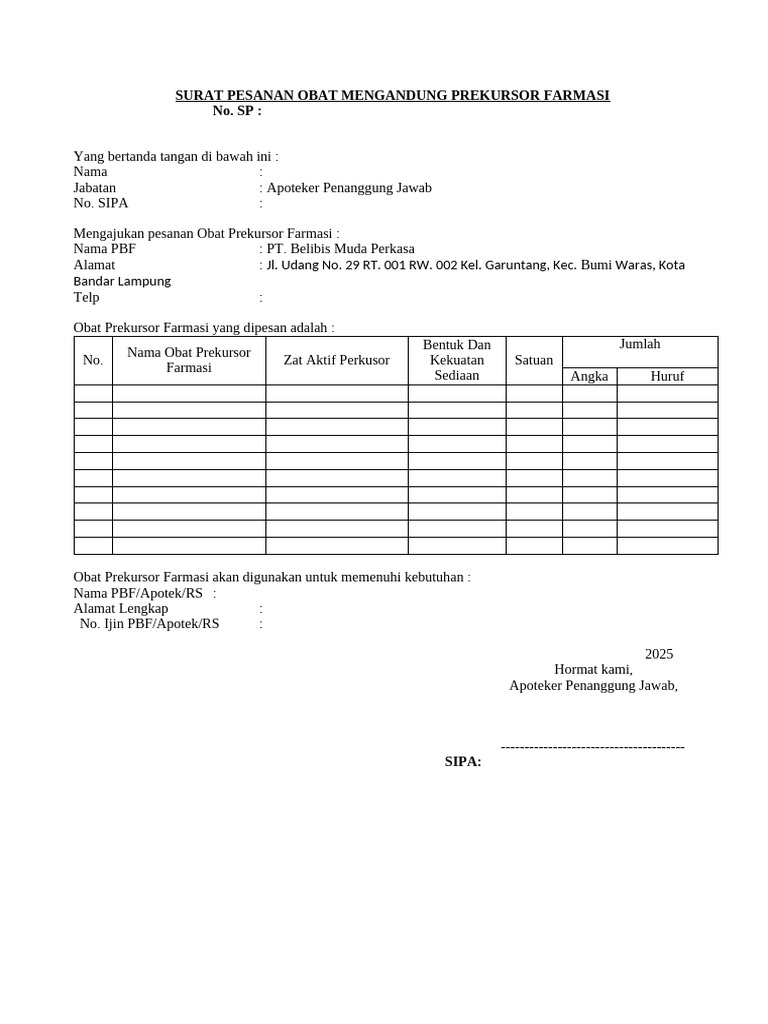 Surat Pesanan Obat Prekursor Farmasi | PDF