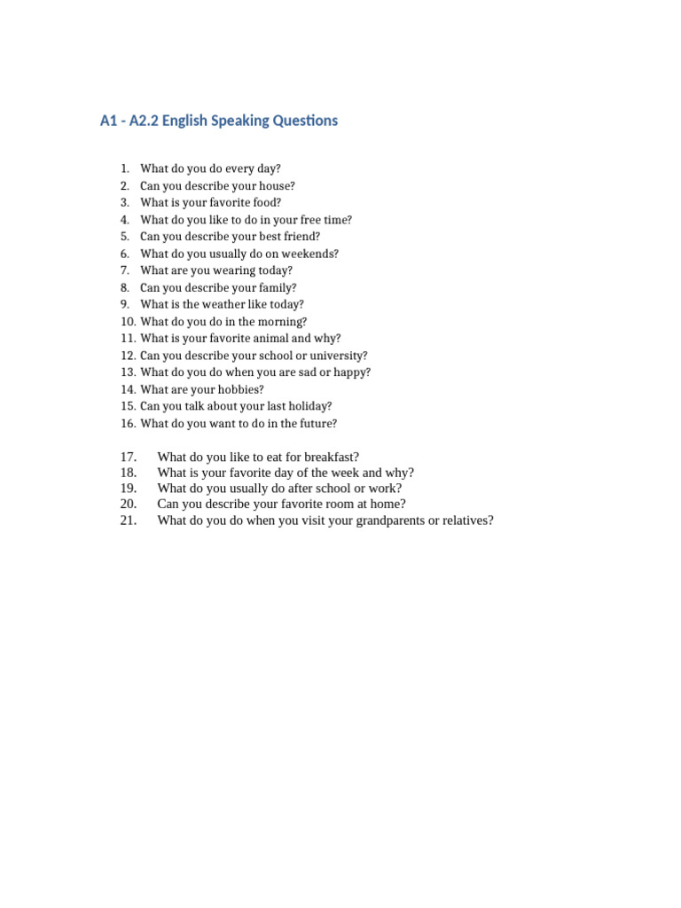 A1-A2 English Speaking Questions Guide | PDF
