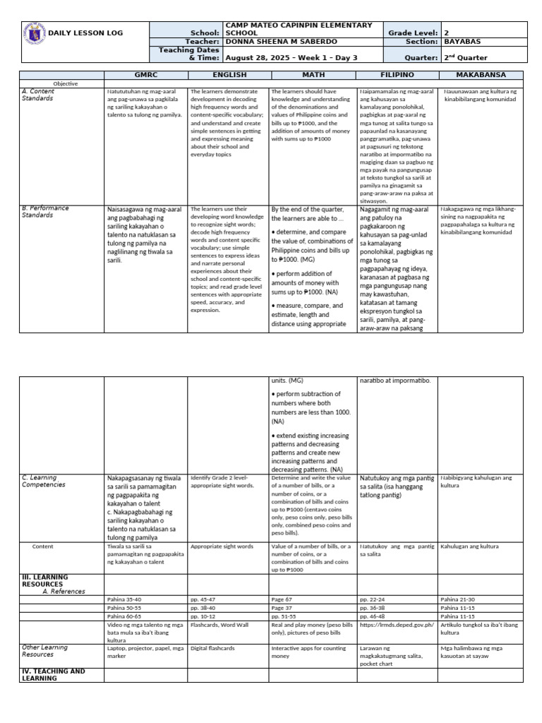 DLP Grade 2 q2 Wk1 Day3 | PDF