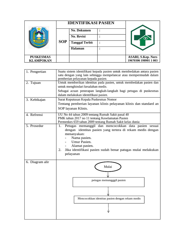 Sop Identifikasi Pasien Revisi Klampokan | PDF