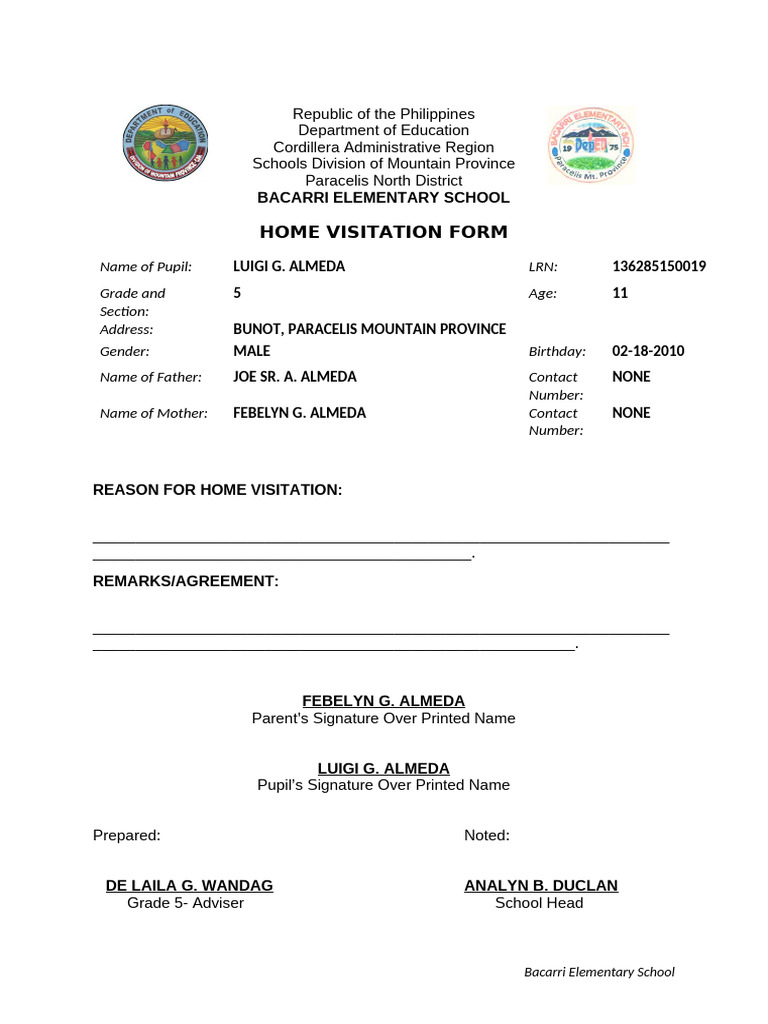 Home Visit Form | PDF | Social Institutions | Parenting