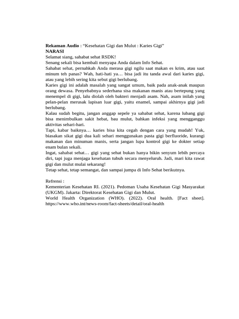 Rekaman Audio Kesehatan Gigi Dan Mulut Vega | PDF