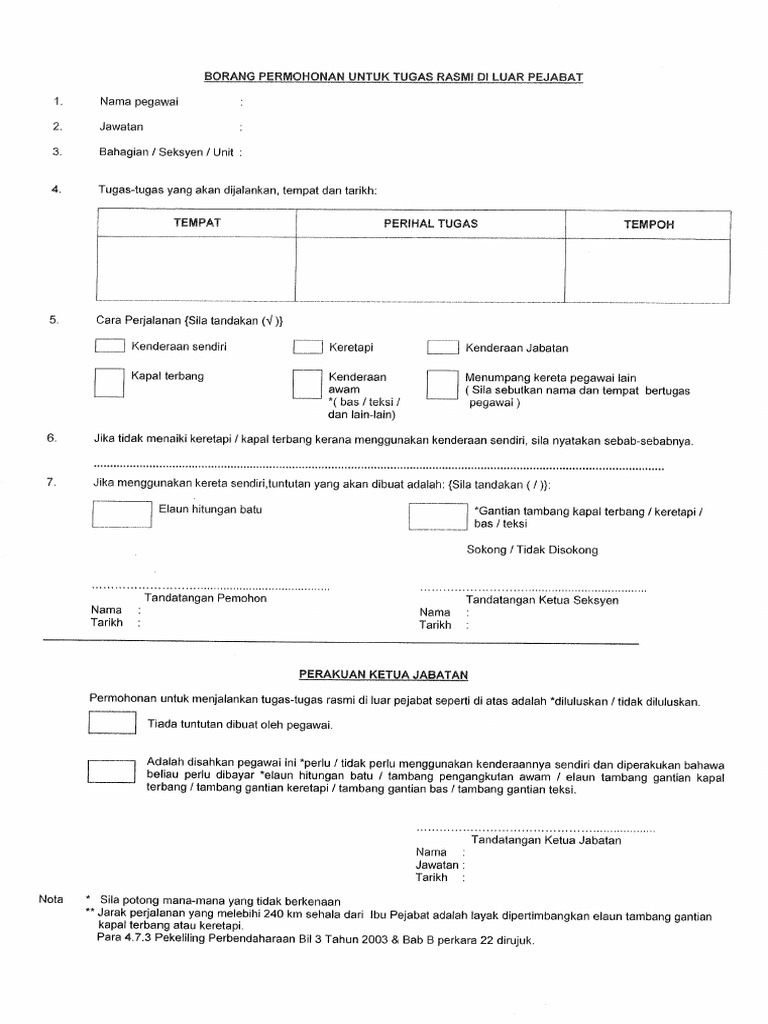 Borang Untuk Tugas Rasmi Di Luar Pejabat | PDF