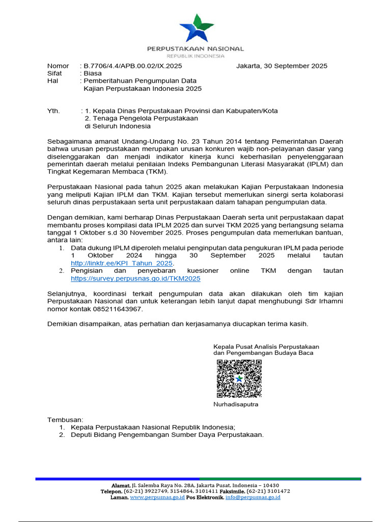 Surat Pemberitahuan Pengumpulan Data KPI 2025 | PDF