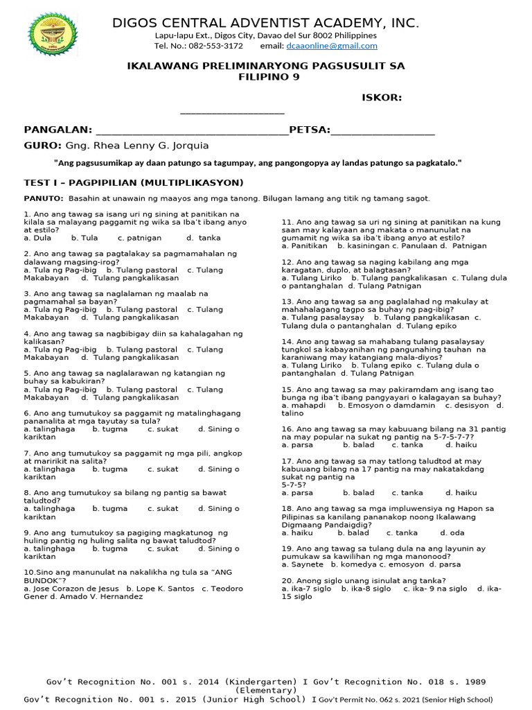 Tq-Filipino9 q2 Prelim Garcia | PDF
