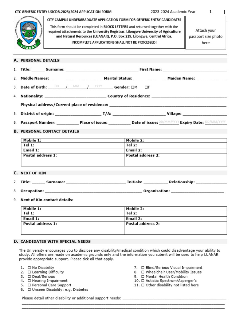 CTC UGCDB - 2023-2024 Generic Application Form | PDF