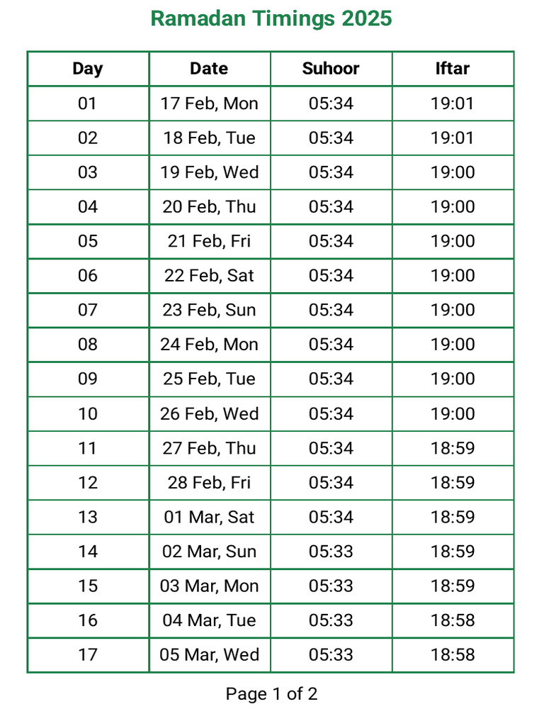 Ramadan Timings | PDF