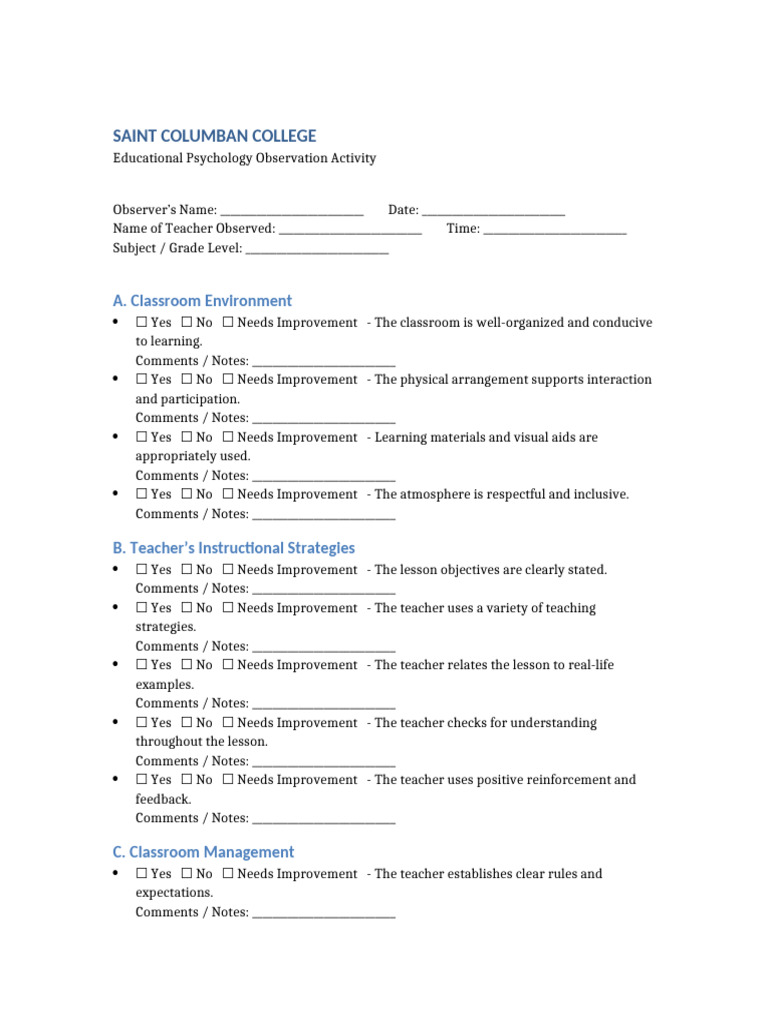 Saint Columban College Observation Form | PDF | Teachers | Education Theory