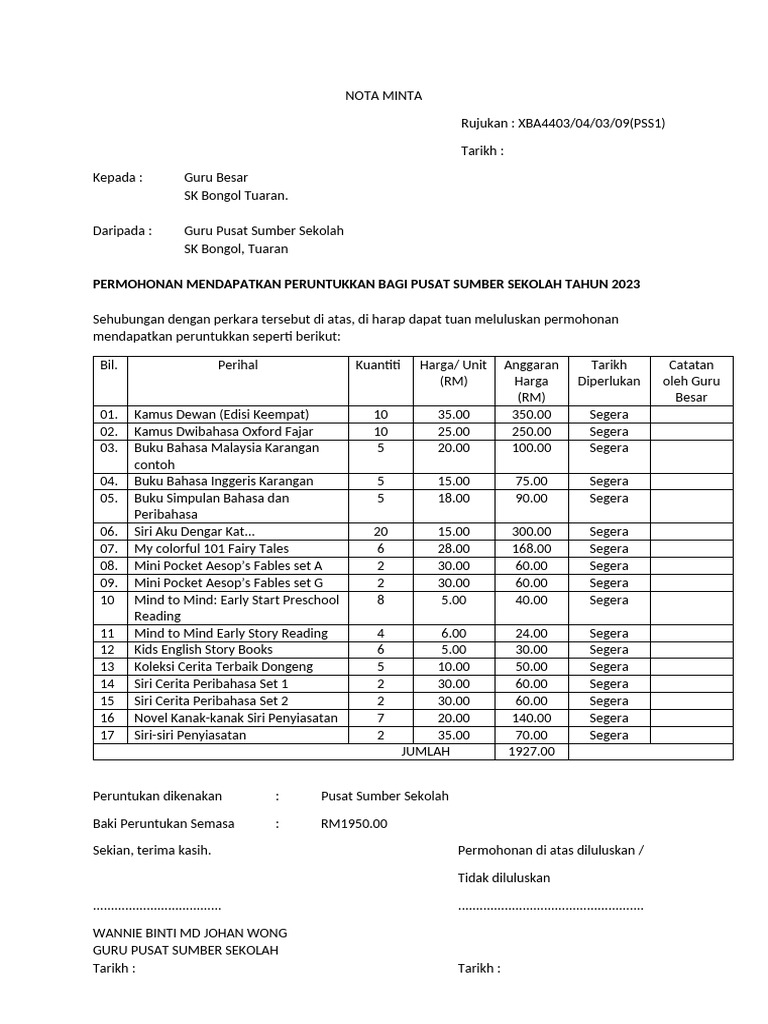 Nota Minta Pss 2023 | PDF