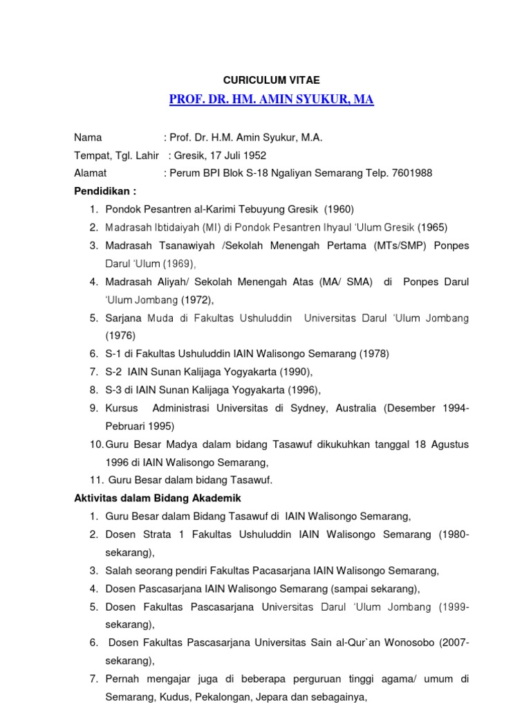 CV Prof Amin Syukur | PDF