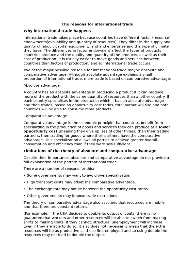 Reasons for International Trade | PDF | Terms Of Trade | Comparative ...
