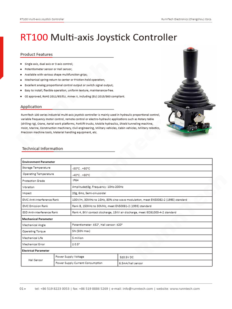 RunnTech RT100 Multi-Axis Joystick Controller | PDF | Power Supply | Electromagnetic Compatibility