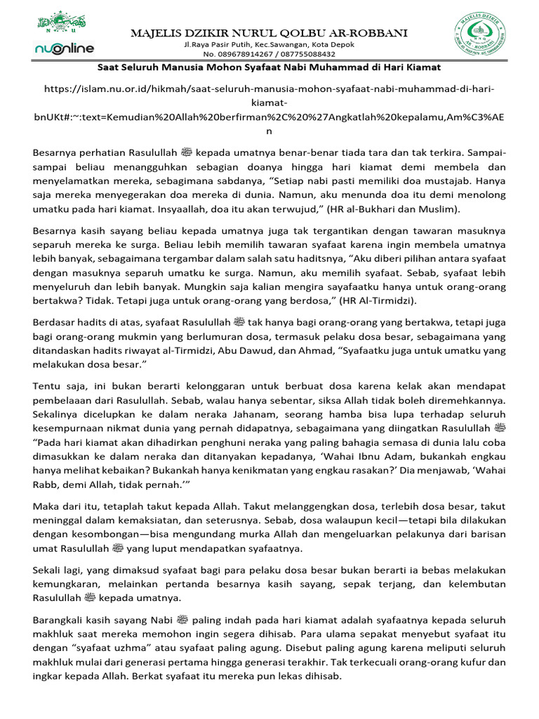 Saat Seluruh Manusia Mohon Syafaat Nabi Muhammad Di Hari Kiamat | PDF