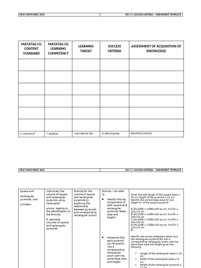 Math 7.2 Success Criteria Assessment Template | PDF | Area | Volume